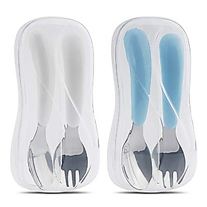 Kirecoo 2 Set Toddler Utensils, Toddler Forks and Spoons, Stainless Steel Toddler Silverware Set, Designed for Self Feeding Flatware Set with Travel Carrying Cases BPA Free (White & Aqua)