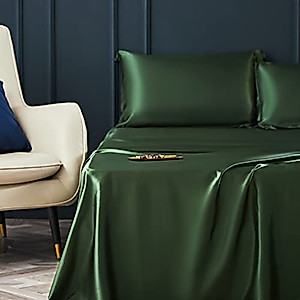 Koreyoshi 4 Pcs Satin Sheets Queen - Silk Silky Super Soft Extra Deep Pocket Queen Sheet Sets - Wrinkle & Fade Free - Deep Pocket Fitted Sheet, Flat Sheet, Pillow Cases (Queen, Olive Green)