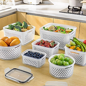5 PCS Large Fruit Containers for Fridge - Leakproof Food Storage Containers with Removable Colander - Dishwasher & microwave safe Produce Containers Keep Fruits, Vegetables, Berry, Meat Fresh longer