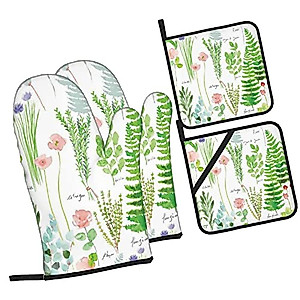 Springtime Herb Garden Heat-Resistant Oven Mitts and Pot Holders 4-Piece Set, Suitable for Kitchen Cooking, Outdoor Grilling