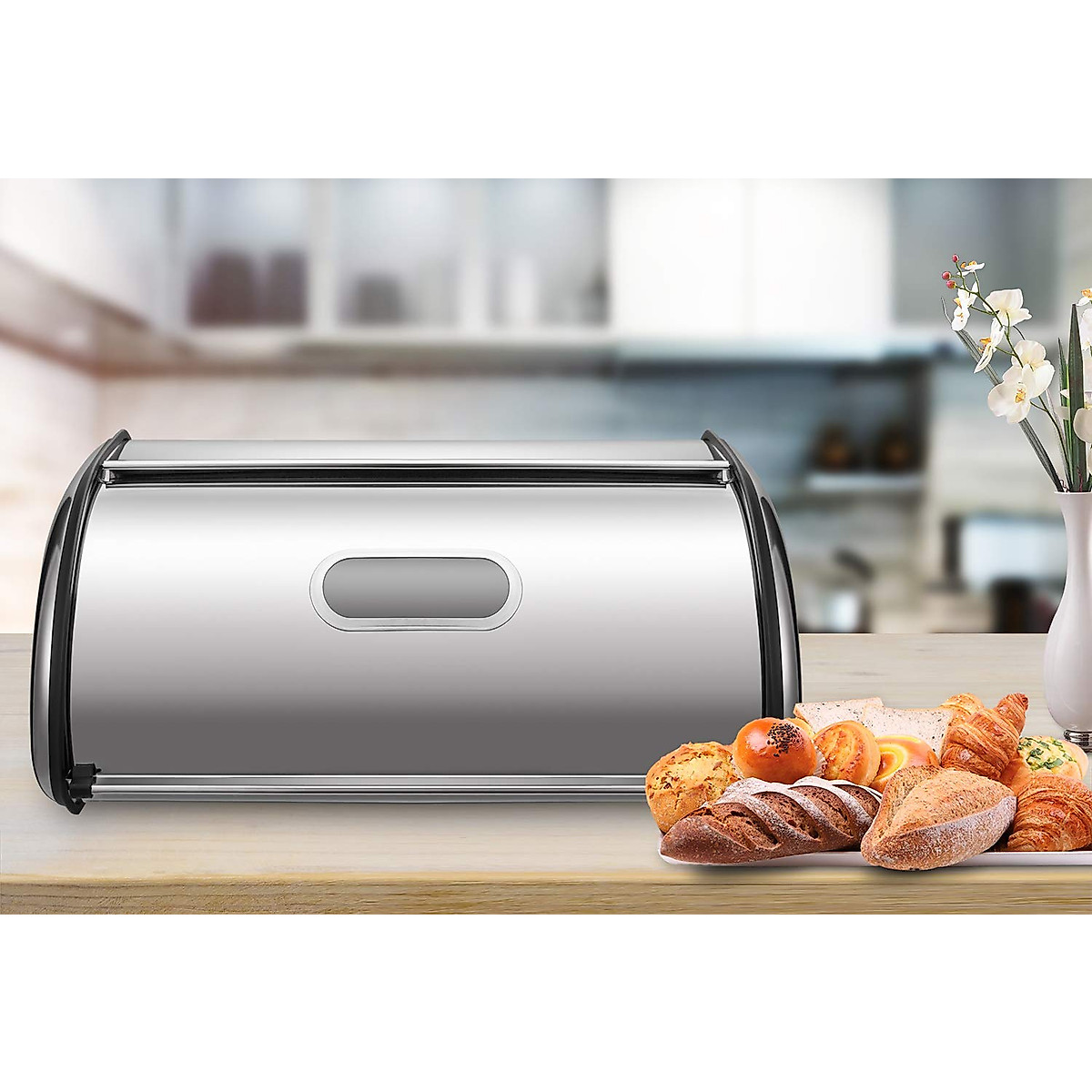 Deppon Bread Box for Kitchen Countertop, Extra Large Capacity Holds More Than 2 Loaves, Matte Stainless Steel Bread Storage Bin Container with Roll up Lid, Fingerprint Proof, 17.5 x 11 x 7.5 Inches