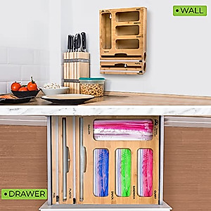 Declutter - Bamboo Ziploc Bag Organizer with Dual Dispensers and Cutters - Kitchen and Home Organization Tool for Gallon, Quart, Sandwich, Snack Bags - Fits in Kitchen Cabinets and Drawers