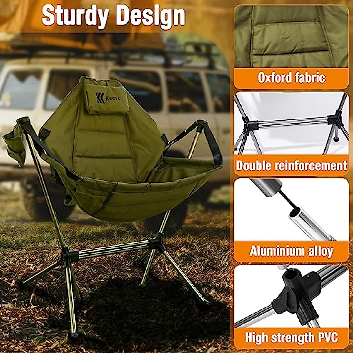 Kenvc Camping Chairs,Hammock Chair For Outdoor,Portable Folding Chair,Foldable Rocker Camping Chair,Swinging Rocking Chair For Quick Installation,Green Rocker Camping Chair For Outdoor, Camping, Patio