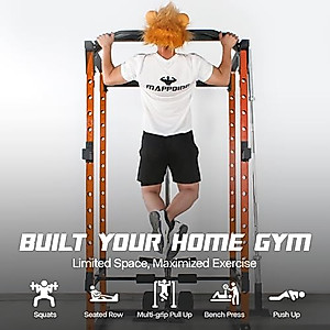 Mappding Power Cage, Power Rack with LAT Pulldown, Multi-Functional Squat Rack, 1500 Lbs Capacity Squat Cage with More Training Attachments for Home Gym, Black&Orange