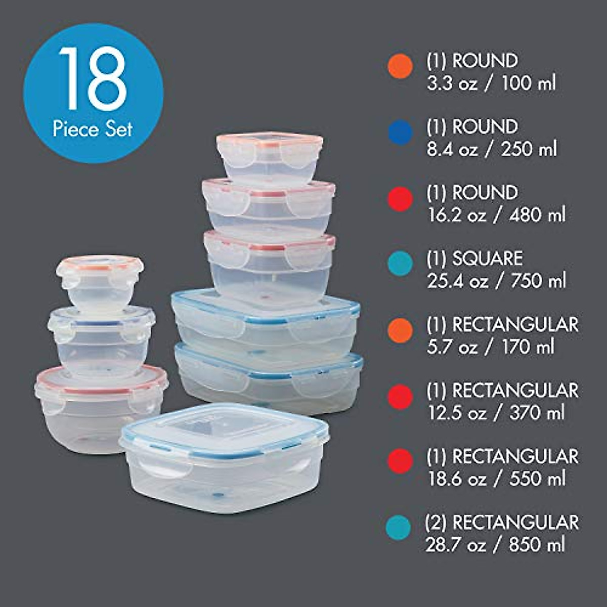 LOCK & LOCK Easy Essentials Color Mates Food Storage lids/Airtight containers, BPA Free, 18 Piece, Clear