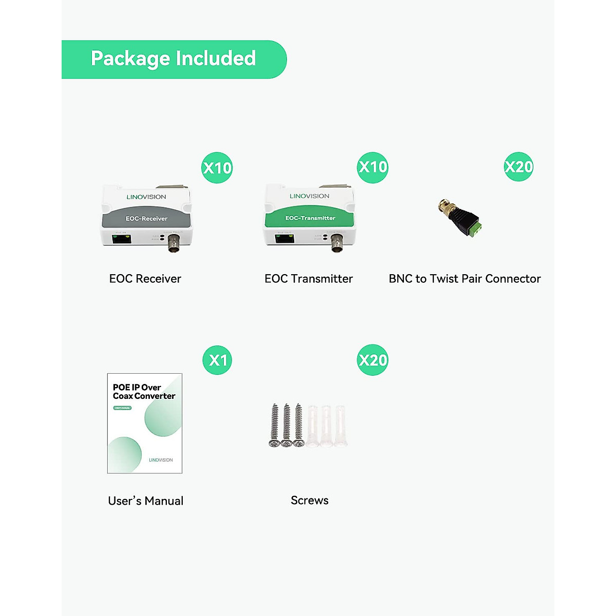 LINOVISION POE Over Coax EOC Converter IP Over Coax Max 3000ft Power and Data Transmission Over Regular RG59 Coaxial Cable for Upgrading Analog Surveillance System to IP Surveillance System (10 Pack)