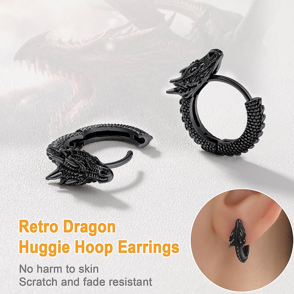 U7 Dragon Earrings Black Metal Plated Huggie Hoops Punk Rock Animal Earrings for Men Women