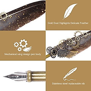 NC Feather Quill Pen Set - Includes 5 Ink Bottles, 6 Nibs, Mechanical Quill Pen for Calligraphy, Writing Letters, Signing, Invitations Etc (Grey)