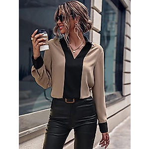 SweatyRocks Women's Color Block Long Sleeve Collar V Neck Shirt Casual Office Work Pullover Blouse Top Apricot S