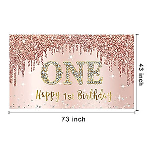 Happy 1st Birthday Banner Backdrop Decorations for Girls, Rose Gold 1 Year Old Birthday Party Sign Supplies, Pink One Birthday Poster Background Photo Booth Props Decor