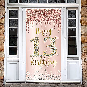 Happy 13th Birthday Door Banner Backdrop Decorations for Girls, Pink Rose Gold 13 Birthday Party Door Cover Sign Supplies, Thirteenth Year Old Birthday Poster Background Photo Booth Props Decor