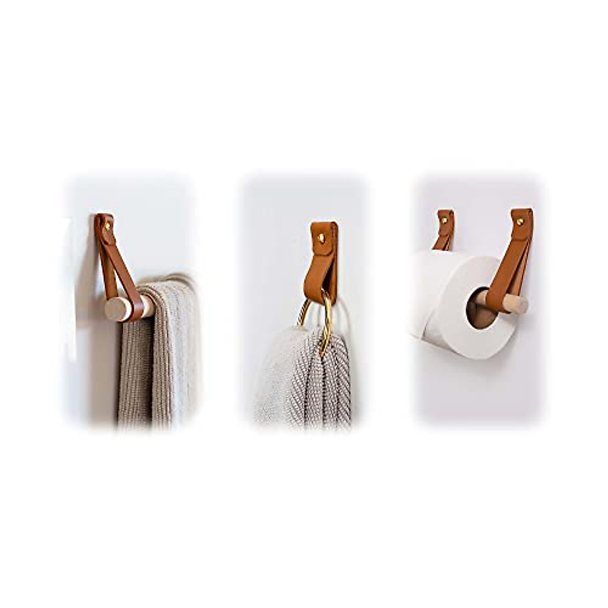 Bathroom Fixture Kit includes leather & wood Toilet Paper Roll Holder, Bath Towel Rail, leather & brass hanging Hand Towel Ring hook with gold hardware, straps are wall mounted, accessories rack
