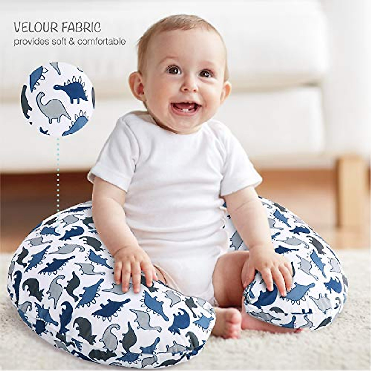 The Peanutshell Nursing Pillow Cover Set for Baby Boys or Girls | Dinosaur & Navy Blue Minky Dot | Unisex 2 Pack