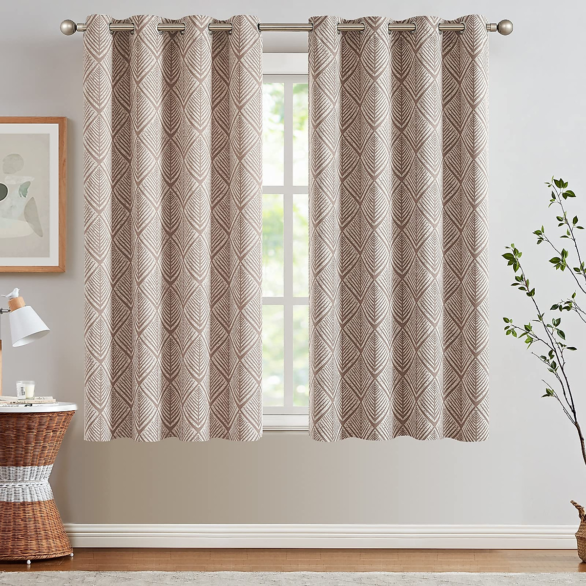 jinchan 80% Blackout Curtains for Bedroom, Geometric Patterns Drapes for Living Room, Window Treatments for Room Darkening, Grommet Top Thermal Insulated Curtains 63 inch Length 2 Panels Set, Brown