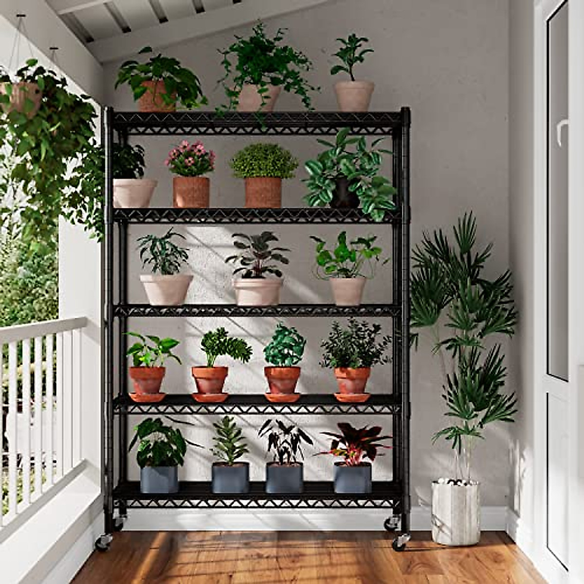 REIBII Wire Shelving Rack Garage Shelving with Wheel 5 Tier Metal Shelving Unit 1750LBS Adjustable Wire Shelf for Garage Storage Shelves Rolling Heavy Duty Shelving Metal Shelves for Storage Pantry