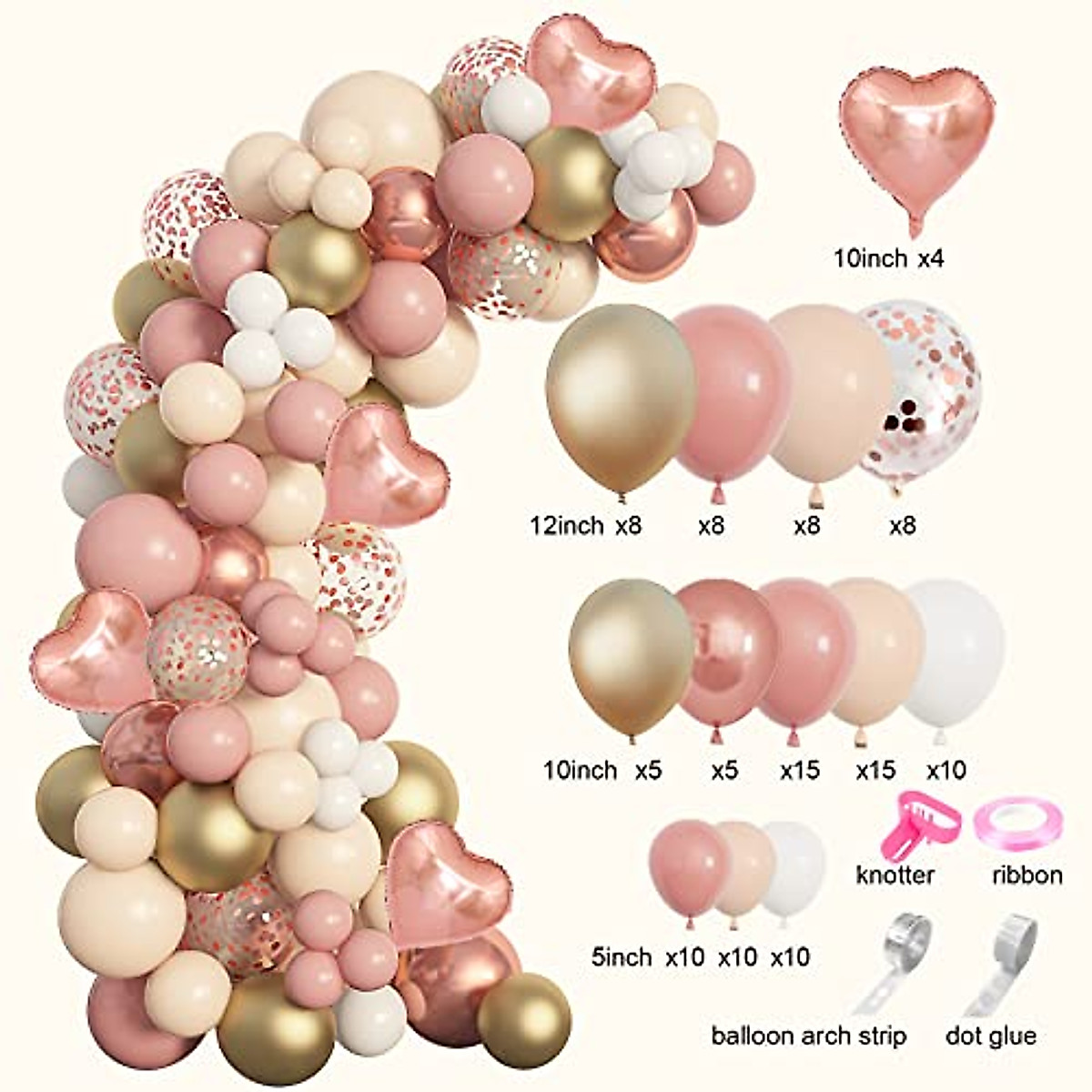 Amandir 153Pcs Boho Blush Balloon Garland Arch Kit, Double-Stuffed Nude Cream Peach Dusty Rose Pink Gold Confetti Metallic Balloons for Bridal Baby Shower Birthday Party Wedding Decorations Supplies