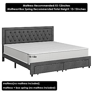 Keyluv Queen Bed Frame with 2 Storage Drawers and Adjustable Headboard, High-End Fabric Platform Bed with Button Tufted, Wooden Slats No Box Spring Needed/Easy Assembly, Dark Grey