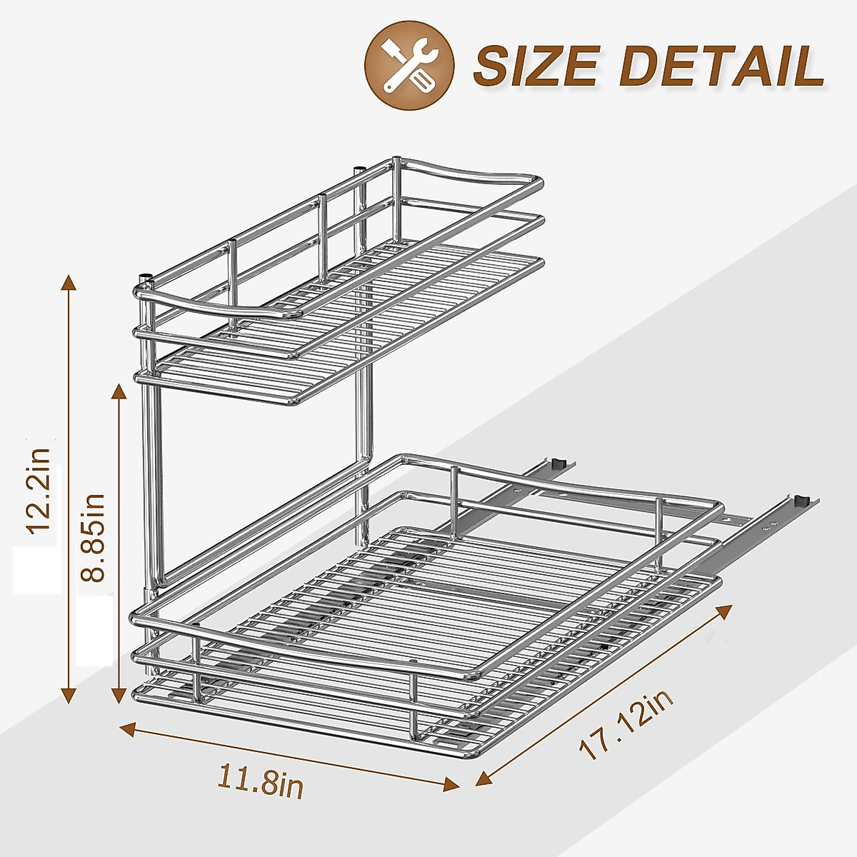 Pull Out Cabinet Organizer, 2 Tier Under Sink Organizers and Storage, Multi Purpose Sliding Cabinet Basket Organizer for Bathroom Kitchen Countertop Stainless Steel Shelf Holder 11.4Wx17.1Dx12.2H-Inch