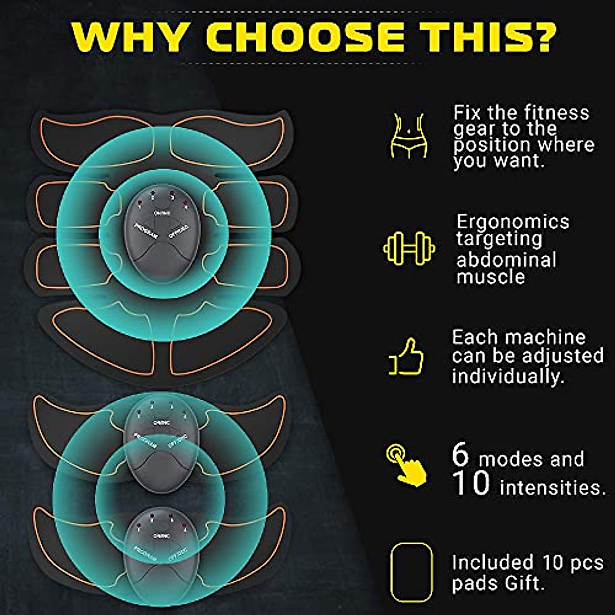 M MITLINK Abs Stimulator Abdominal Intelligent Muscle Toner Training Device 10 Extra Gel Pads Portable Fitness Workout Equipment for Men Women Home Office Equipment (Black)