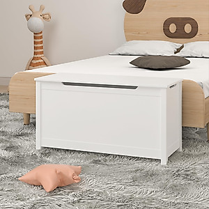 Mancofy Kids Wooden Toy Box Storage, Wooden Toy Chest/Bench for Girls Boys, Wooden Storage Organizer with Safety Hinged Lid for Ages 3+, Children's Furniture (White)