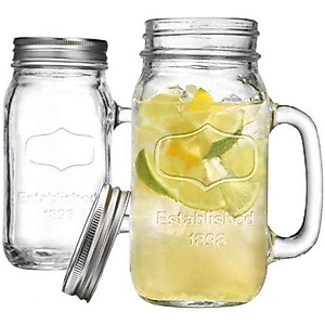 Mason Glass Drinking Mugs w Handle & Tin Lids (set of 4) Gift Idea With Embossed Established Date Logo,For Coffee,Juice, Punch, Dessert, Small Cakes, or Any Beverage 16oz. Comes Perfectly Boxed
