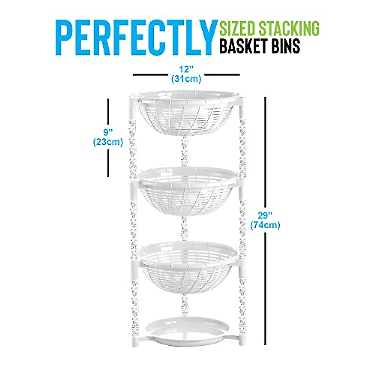 Uncluttered Designs Stacking Basket Bins (3 Tier + Plate) — Display for Fruit, Potato, Onion & Produce — Crafts, Art Supplies & Housewares Organizer — Bedroom & Bathroom Organization & Storage (White)