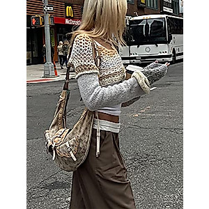 Womens Y2K Knitted Crop Tops Shrugs Patchwork Crochet Hollow Out Long Sleeve Off-Shoulder Loose Shirt Sweater(G Multi-Color, Large)