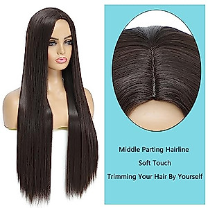 Long Straight Highlights wig Middle Part Natural hairline Synthetic Wigs for Women 24 Inch Heat Resistant Fibre for Daily Party Use(Dark Brown Mixed Brown)