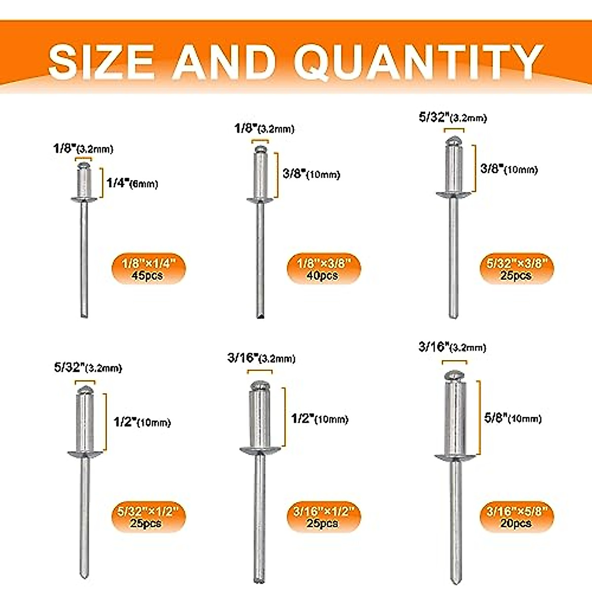 ISPINNER 180pcs 6 Sizes Aluminum Blind Rivets, Pop Rivets Assortment Kit (Silver)