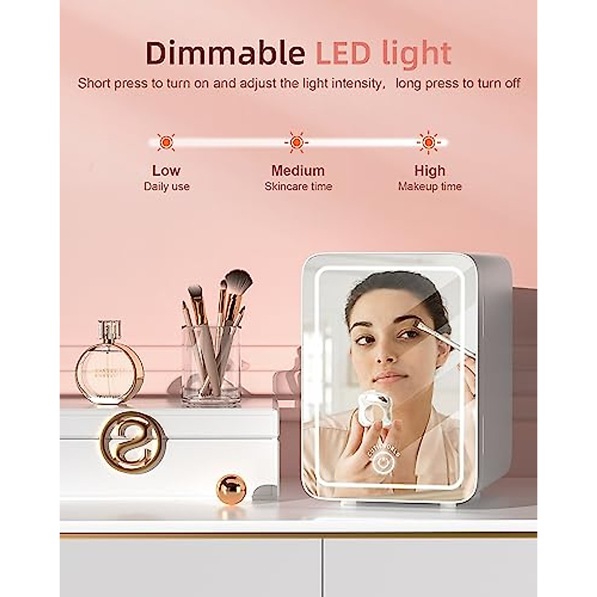 Skincare Fridge - Makeup Fridge With Dimmable LED Light Mirror, 4L Mini Fridge for Bedroom, Car, Office & Dorm, Cooler & Warmer, Portable Small Refrigerator for Cosmetics, Skin Care and Food, White