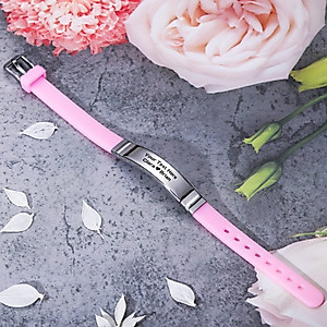 OTXIXTO Personalized Bracelet Engraving Names Silicone Sport Wrist Identification ID Tag Bracelet/Customized for Men Women Stainless Steel Rubber Adjustable Length(SA: pink belt)