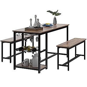 soges 3 Pieces Dining Table Set for 4, Dinner Table Set with 2 Benches, Rustic Wood Breakfast Table Set with Wine Rack and Glass Holder, Nesting Dinette Set for Kitchen Dining Room