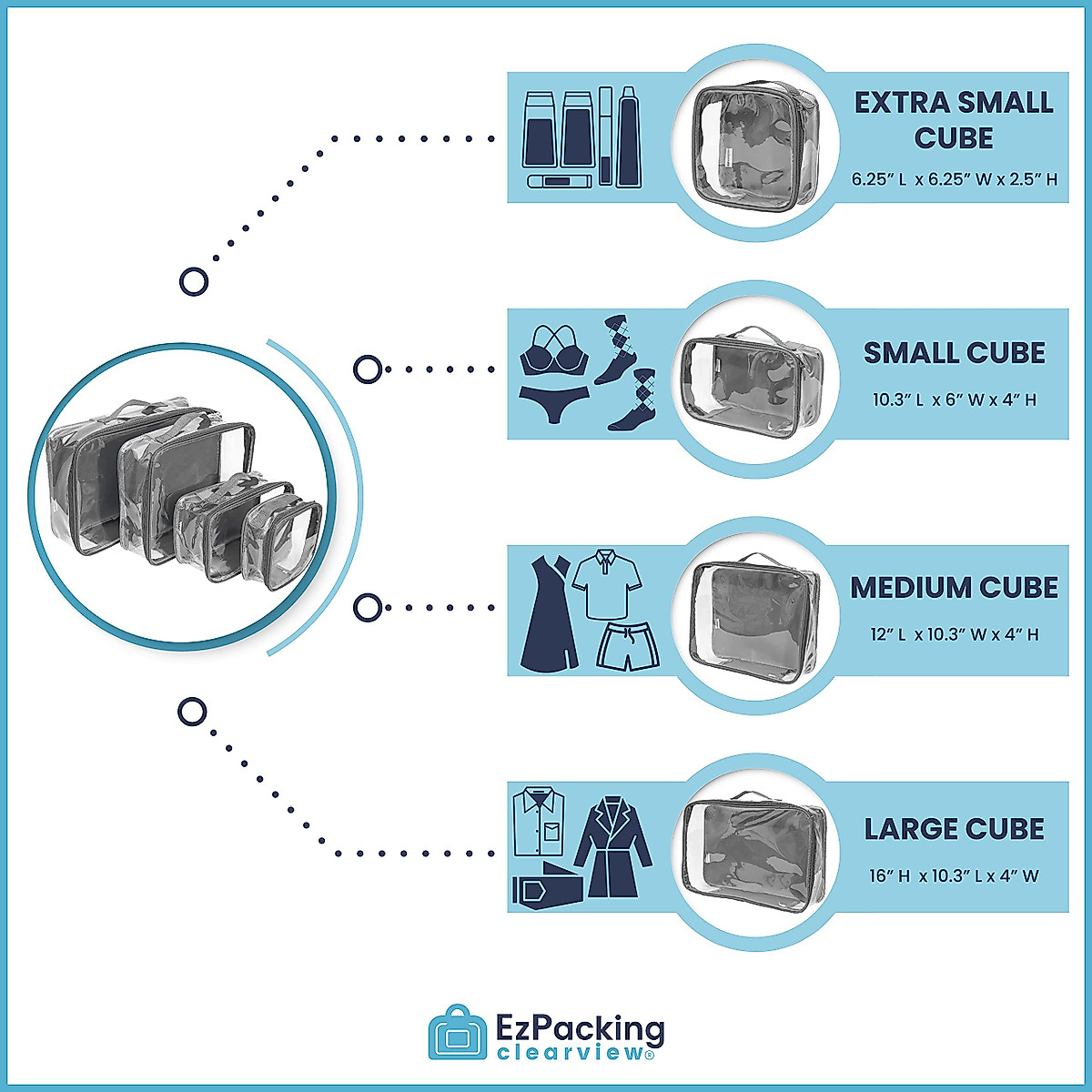 Clear Travel Packing Cubes Set of 4 for Carry On (XS, Small, Medium, Large) / See-Through Clothes Organizer Dividers for Suitcase/Transparent Vinyl PVC Cell Pouches for Luggage (Lilac)