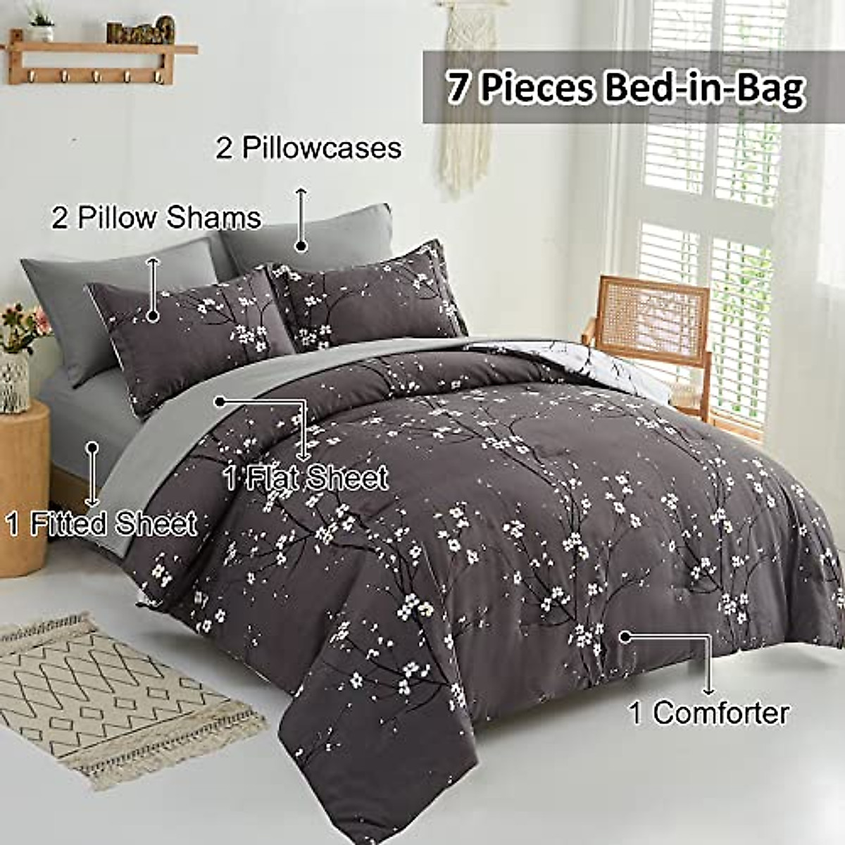 7 Pieces Cmomforter Set Full, Floral Bed in a Bag Comforter Reversible Flower Plum Bedding Set Full Size（1 Comforter,2 Pillowcase,2 Pillow Shames,1 Flat Sheet,1 Fitted Sheet）