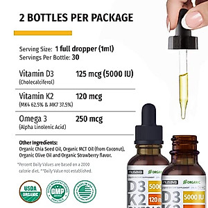 (2 Pack) Organic Vitamin D3 K2 Drops w MCT Oil Omega 3, 5000 IU, Maximum Strength Vitamin D Liquid 5000 IU, No Fillers, Non-GMO Liquid D3 for Faster Absorption, Immune Support (Strawberry, 2 Fl Oz)