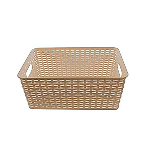 YBM Home Medium Plastic Rattan Storage Box Basket Organizer, Small - Beige - 1 Pack
