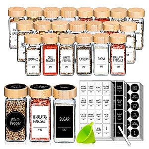 Churboro 36 Spice Jars with Labels- Spice Jars with Bamboo Lids - 4 Oz Glass Spice Containers with Shaker Lids, 547 Spice Labels of 3 Different Types Seasoning Jars for Spice Rack, Cabinet, or Drawer