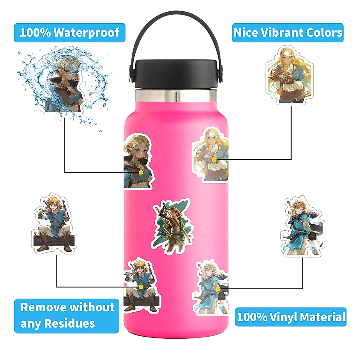 Bonitzdm 100Pcs The Legend of Zelda Game Stickers, Vinyl Waterproof Stickers for Laptop,Bumper,Skateboard,Water Bottles,Computer,Phone, Cool Stuff for Teens, Kids, Adults