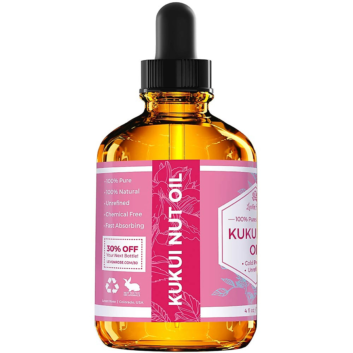 Leven Rose Kukui Nut Oil 4 oz – Cold-Pressed and Unrefined Hair & Face Moisturizer with Dropper – Unscented Pure Face Oil for Women and Men – Nourishing & Moisturizing for All Skin Types