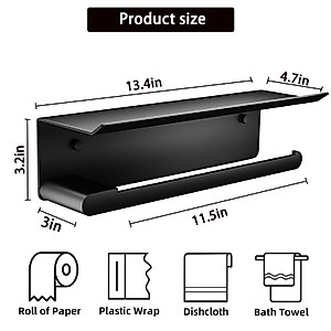 Paper Towel Holder, Aheucndg Wall Mount Paper Towel Holder, Paper Roll Holder with Shelf for Kitchen or Bathroom, Self-Adhesive or Drill Mounting (Black)