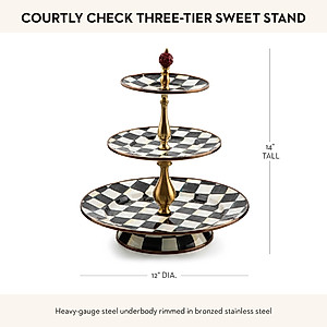 MACKENZIE-CHILDS Enamel Three-Tier Sweet Stand, Three-Tiered Serving-Tray Stand, Party Food Display, Black-and-White Courtly Check