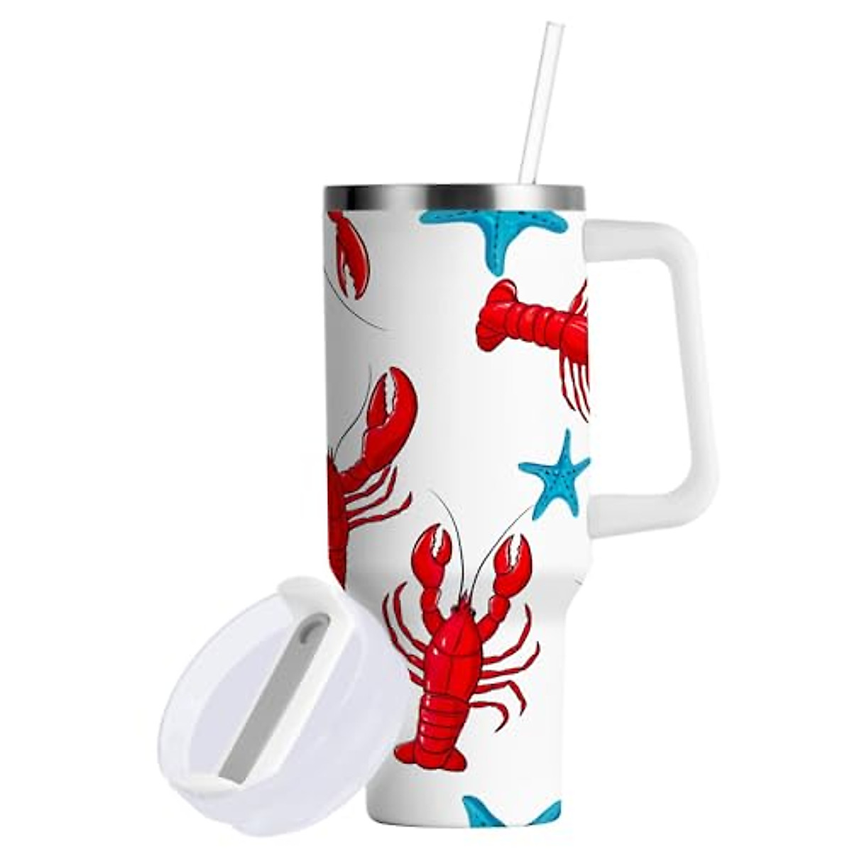 RPLIFE Playful Lobsters Starfish White Tumbler with Handle and Straw, Stainless Steel Coffee Cup, Insulated Coffee Mug with Lid, Tumbler for Men