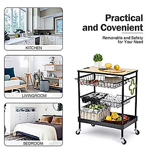 TOOLF Kitchen Island Serving Cart with Utility Wood Tabletop, 4-Tier Rolling Storage Cart with 2 Basket Drawers, Universal Lockable Casters for Home, Dining Room, Office, Restaurant, Hotel