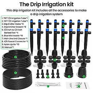 MIXC Drip Irrigation System, 95FT Quick Efficient Connector Garden Irrigation System Plants Watering System For Lawn Patio Raised Bed Automatic Irrigation Equipment With 1/2''&1/4"Tubing,Drip Emitters