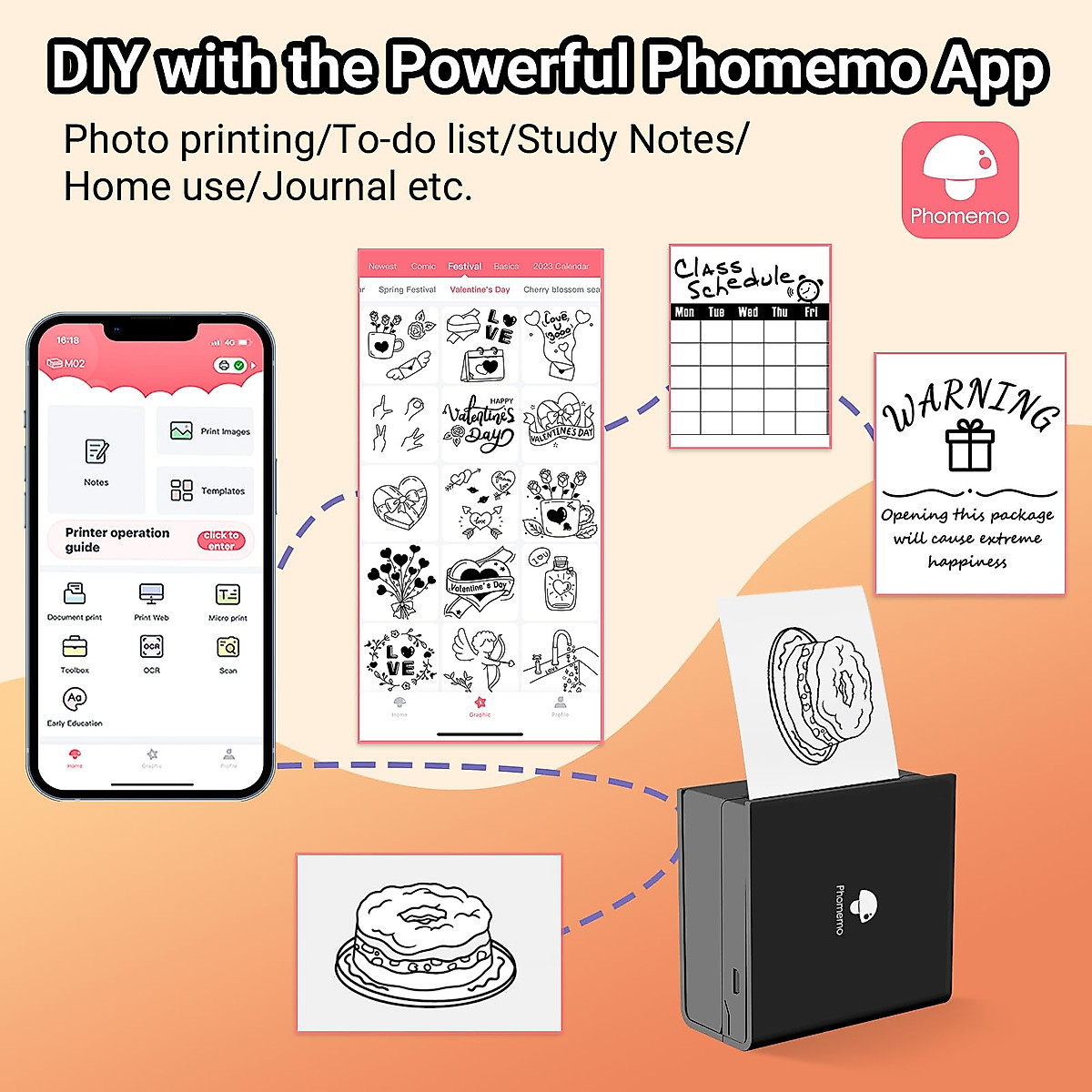 Phomemo M02 Sticker Printer - 2024 Mini Pocket Printer Portable Thermal Inkless Photo Printer via Bluetooth - Good for Exam Notes, Study Notes, Scrapbooking, Journal, Work, Gifts