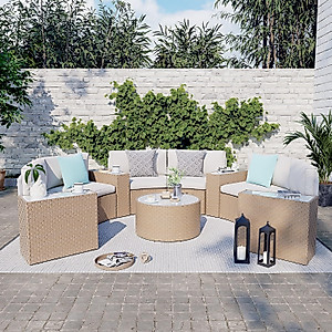 SUNSITT Outdoor Sectional Set 11-Piece Half Moon Patio Furniture Natural Color Wicker Sofa Creamy White Cushions with 4 Side Table and 4 Pillows