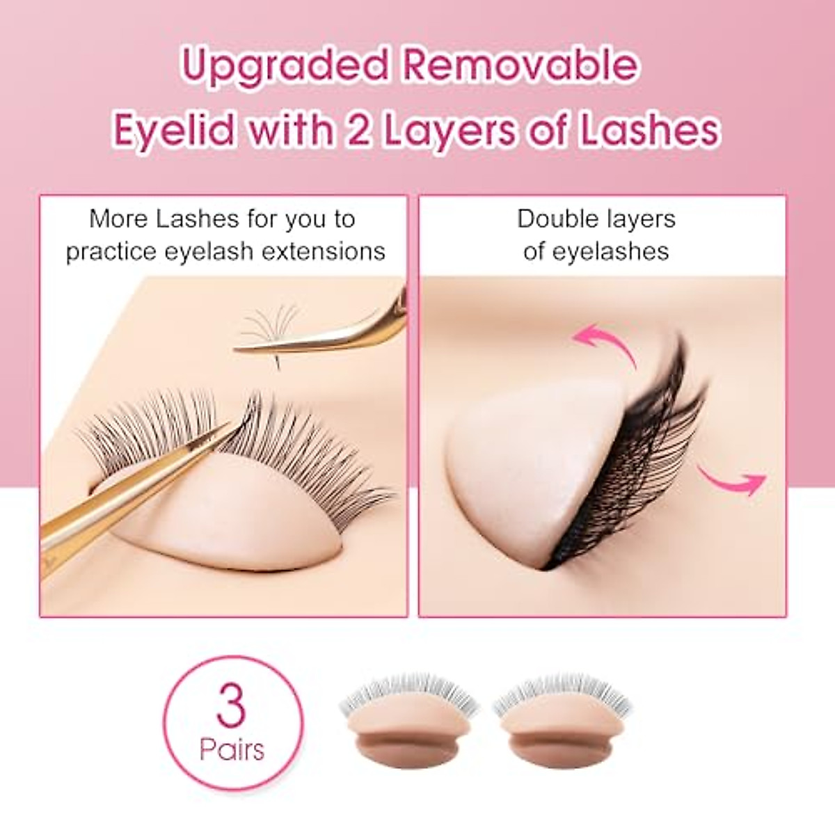 Miuffue 3 Pairs 2 Layers Eyelash Practice Eyelids for Mannequin Head, Removable Realistic Eyelash Extension Eyelids with Eyelashes, Silicone Rubber Replacement Eyelids for Eyelash Training