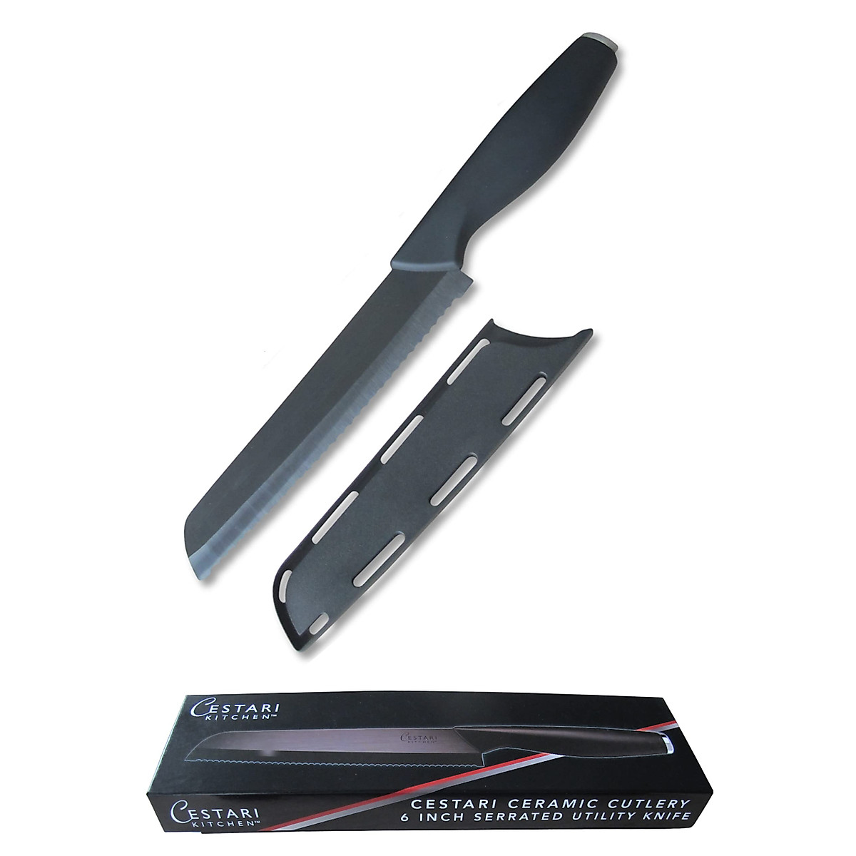 Cestari Advanced Ceramic Knife - Razor Thin Slices -Serrated Bread Knives - Never Needs Sharpening - Black Mirror Finish - Specialty Knives - Tomato Knife with Safety Sheath in Luxury Gift Box