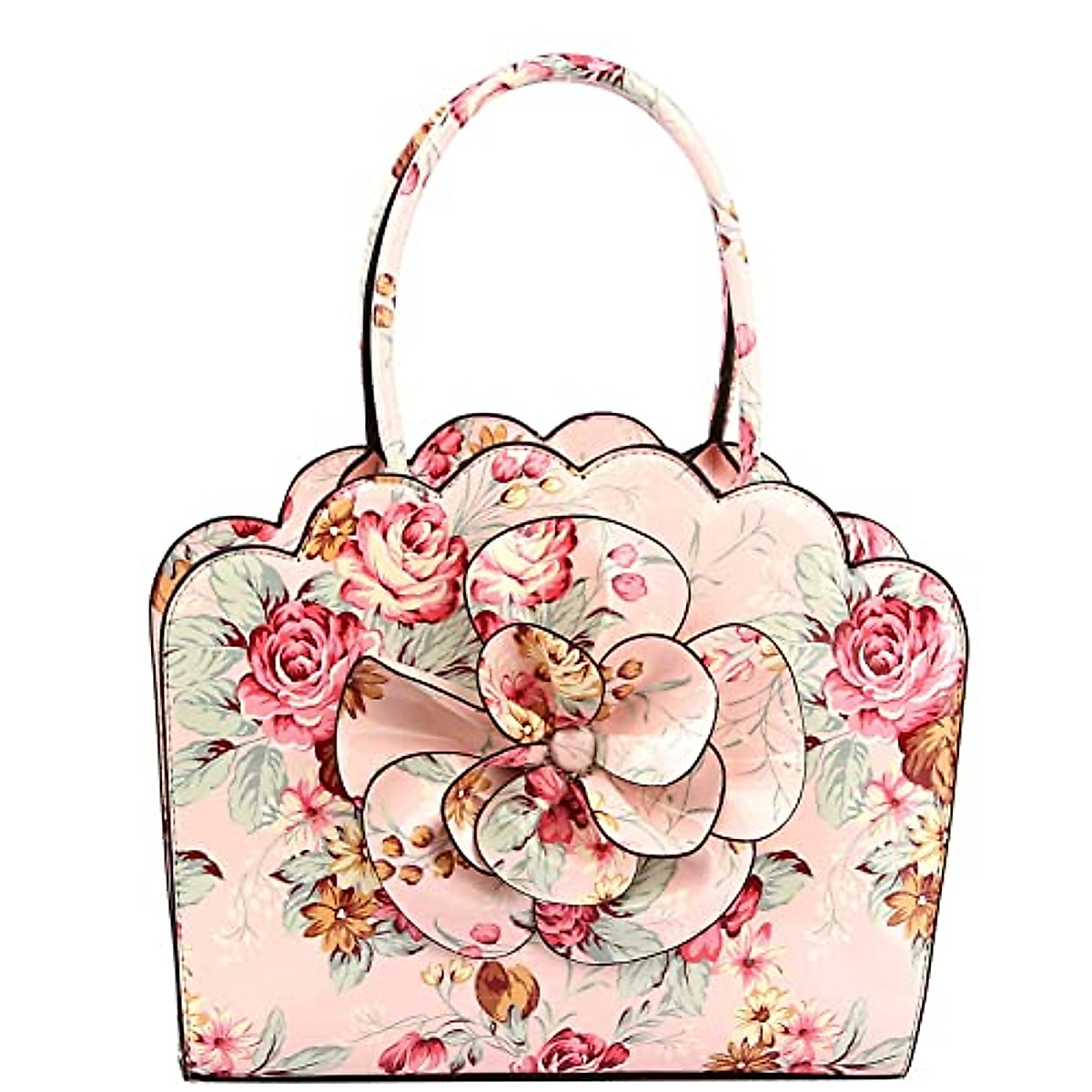 3D Flower Applique Floral Leopard Print Patent Vegan Leather Satchel Handbag Wallet Set (Flower/Leopard Print - Brown)