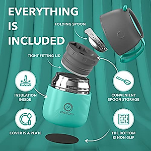 ENERGIFY Vacuum Insulated Food Jar. 17oz Thermos Includes Folding Spoon and Cup. Hot & Cold Drinks, Lunch Container For Kids and Adults. Made of Premium BPA-Free Stainless Steel, Leak Proof, Blue